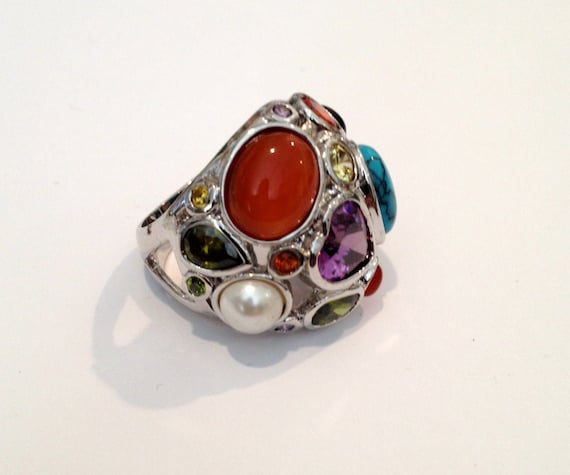 Multi Gemstone Estate Ring Multicolor Cluster Ring Tu… - Gem