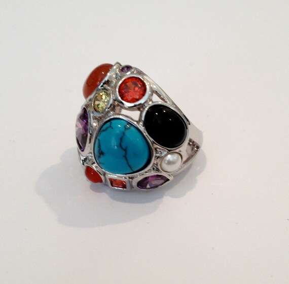 Multi Gemstone Estate Ring Multicolor Cluster Ring Tu… - Gem