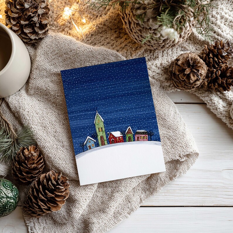 Snowy Village Christmas Card | Winter Town Illustration | Printable ...