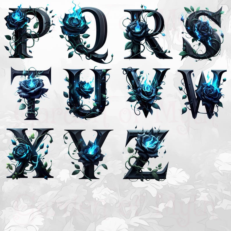 Blue Fire Rose Alphabet Clipart: Letters & Numbers PNG (commercial Use ...