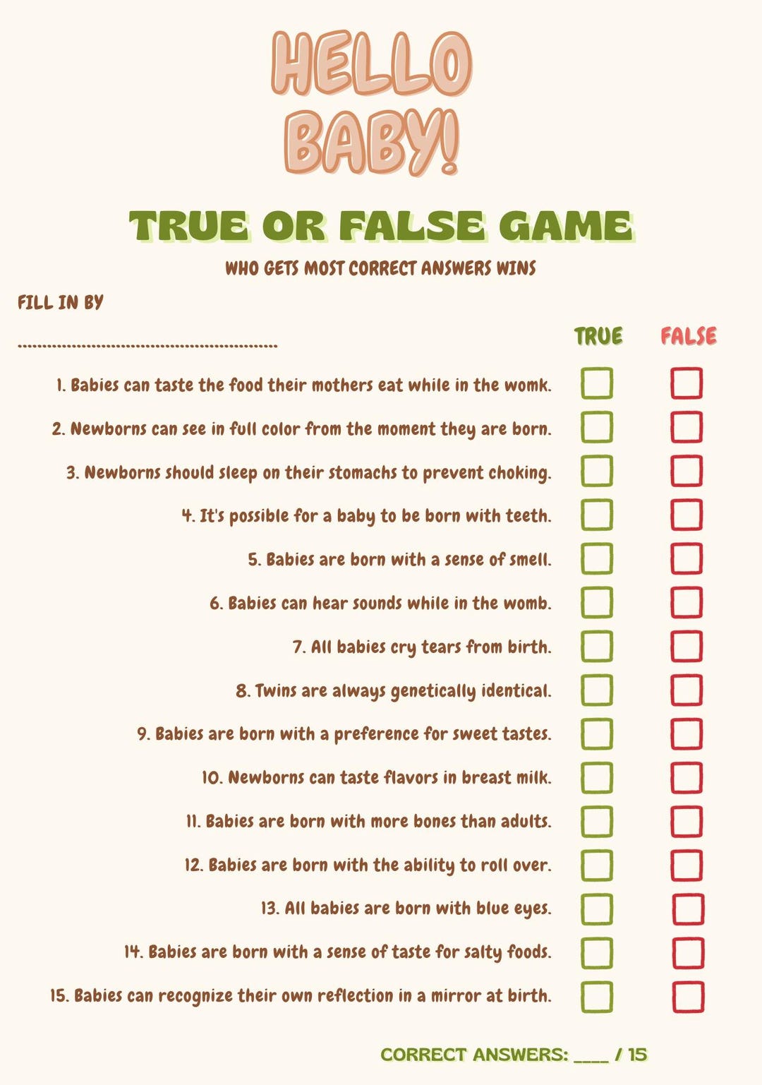 True or False Baby Shower Game, Printable Baby Shower True or False ...