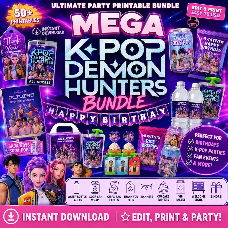 Kpop Demon Hunters Party Bundle Invitation, Capri Sun Labels, Ramen Cup ...