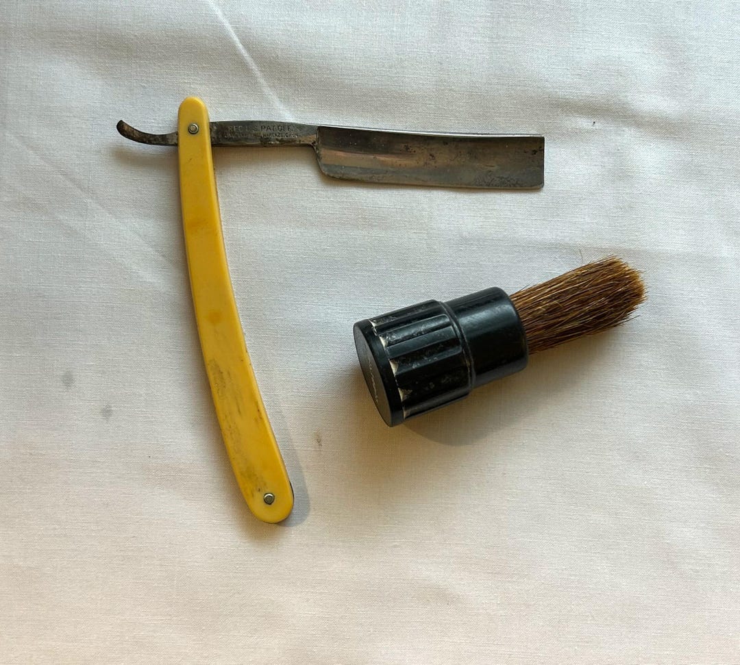 Vintage Yellow/white Straight Edge Razor With Shaving Brush - Etsy
