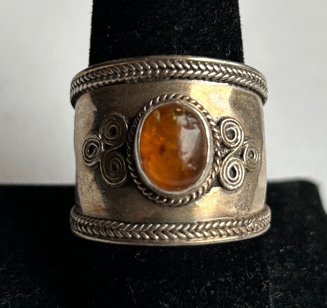 Sterling Silver Amber Cigar Band Ring-size 10 1/2 - Etsy