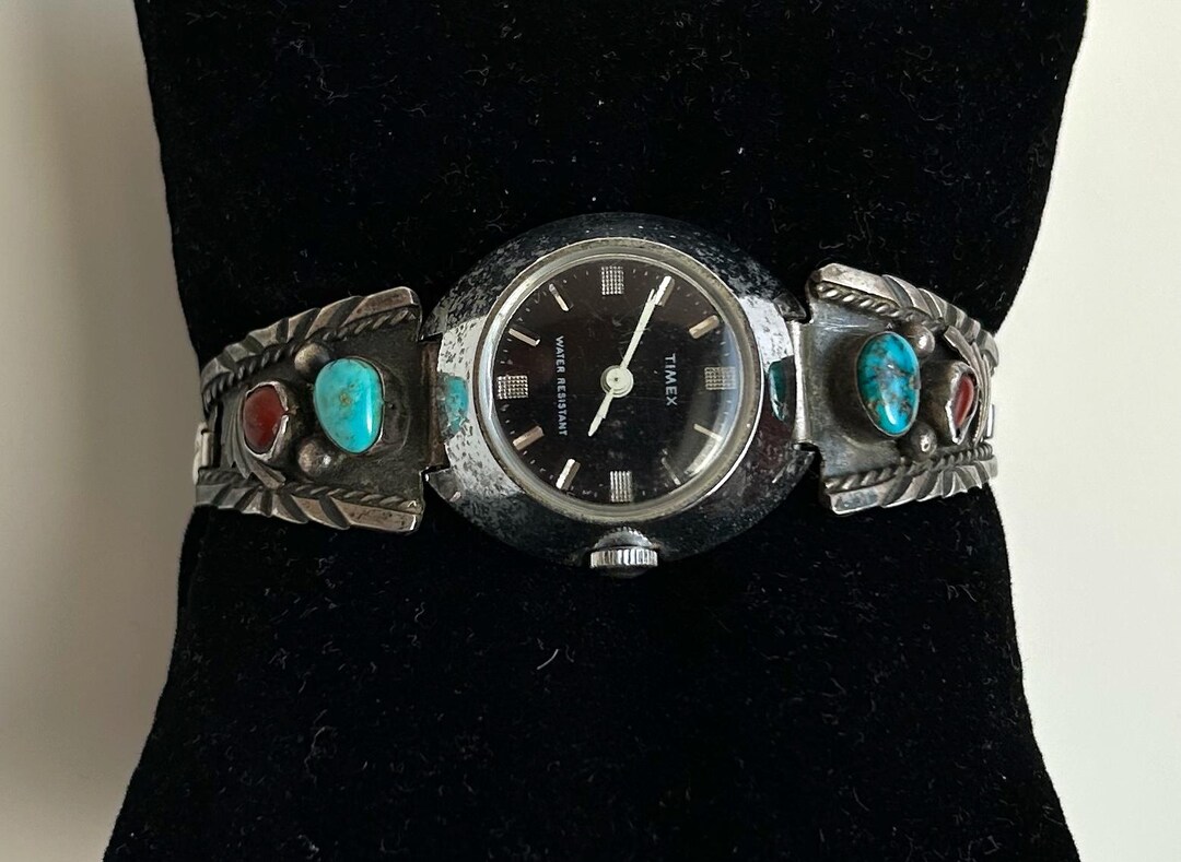 Vintage Southwest Sterling Silver Turquoise and Coral Watch Band on ...