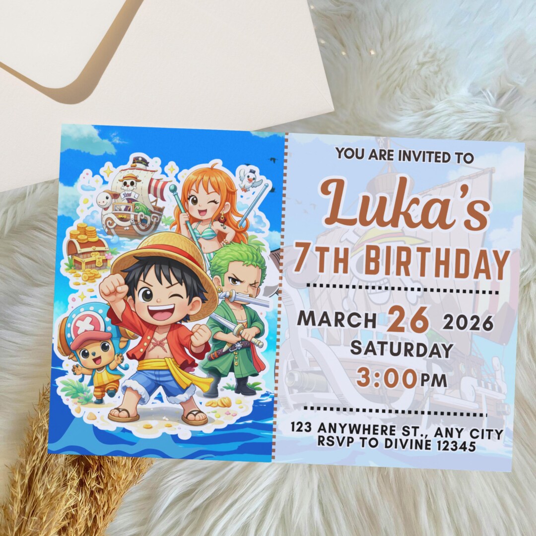 One Piece Birthday Card Invitation | Anime Pirate Party Theme ...