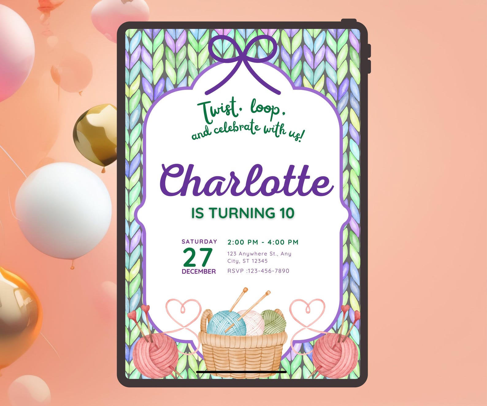 Crochet Theme Birthday Invitation | Yarn & Hook Party Invite | Editable ...