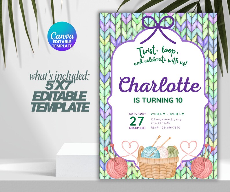 Crochet Theme Birthday Invitation | Yarn & Hook Party Invite | Editable ...