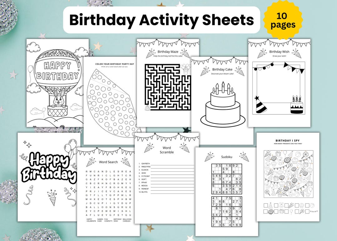 Birthday Activity Sheets for Kids – 10 Fun Pages | Party Favor | Kids ...
