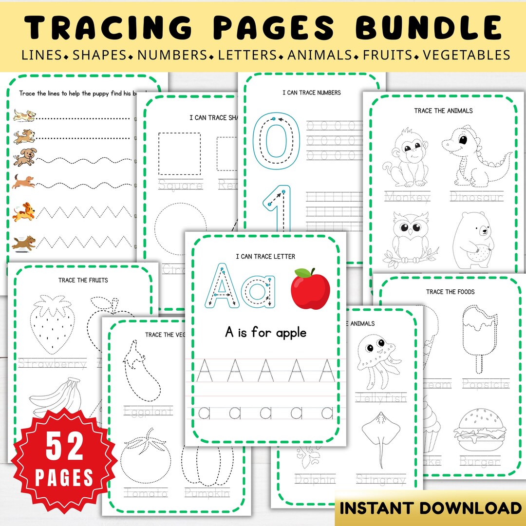 Tracing Pages Bundle, Lines, Shapes, Letters, Numbers, Animals,fruit ...