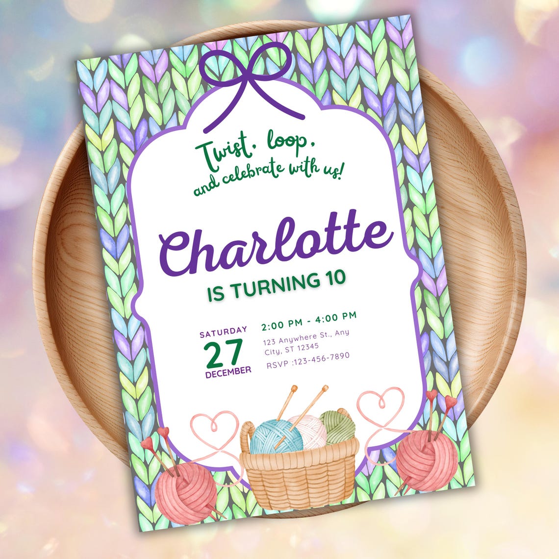 Crochet Theme Birthday Invitation | Yarn & Hook Party Invite | Editable ...