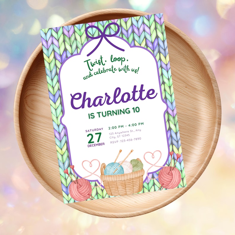 Crochet Theme Birthday Invitation | Yarn & Hook Party Invite | Editable ...