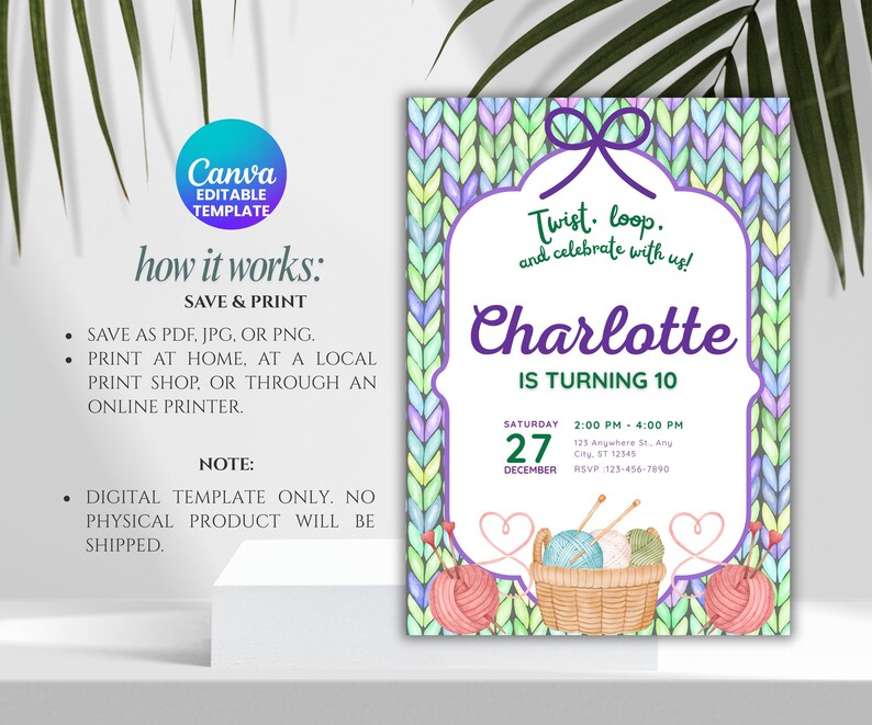 Crochet Theme Birthday Invitation | Yarn & Hook Party Invite | Editable ...
