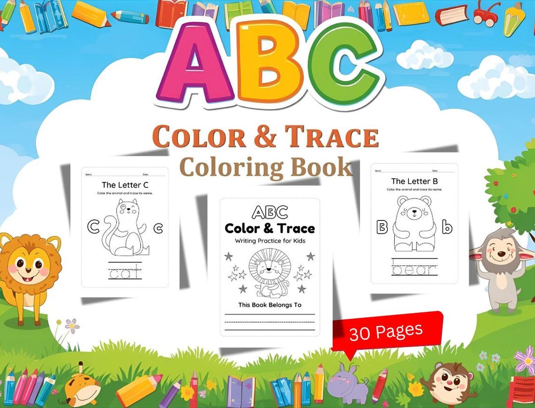 ABC Color and Trace Coloring Book: Animal Alphabet Worksheets (PDF) - Etsy