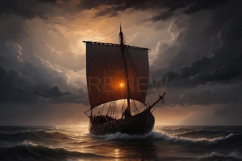 Viking Ship Art Print: Norse Raid, Dramatic Ocean Scene (digital ...