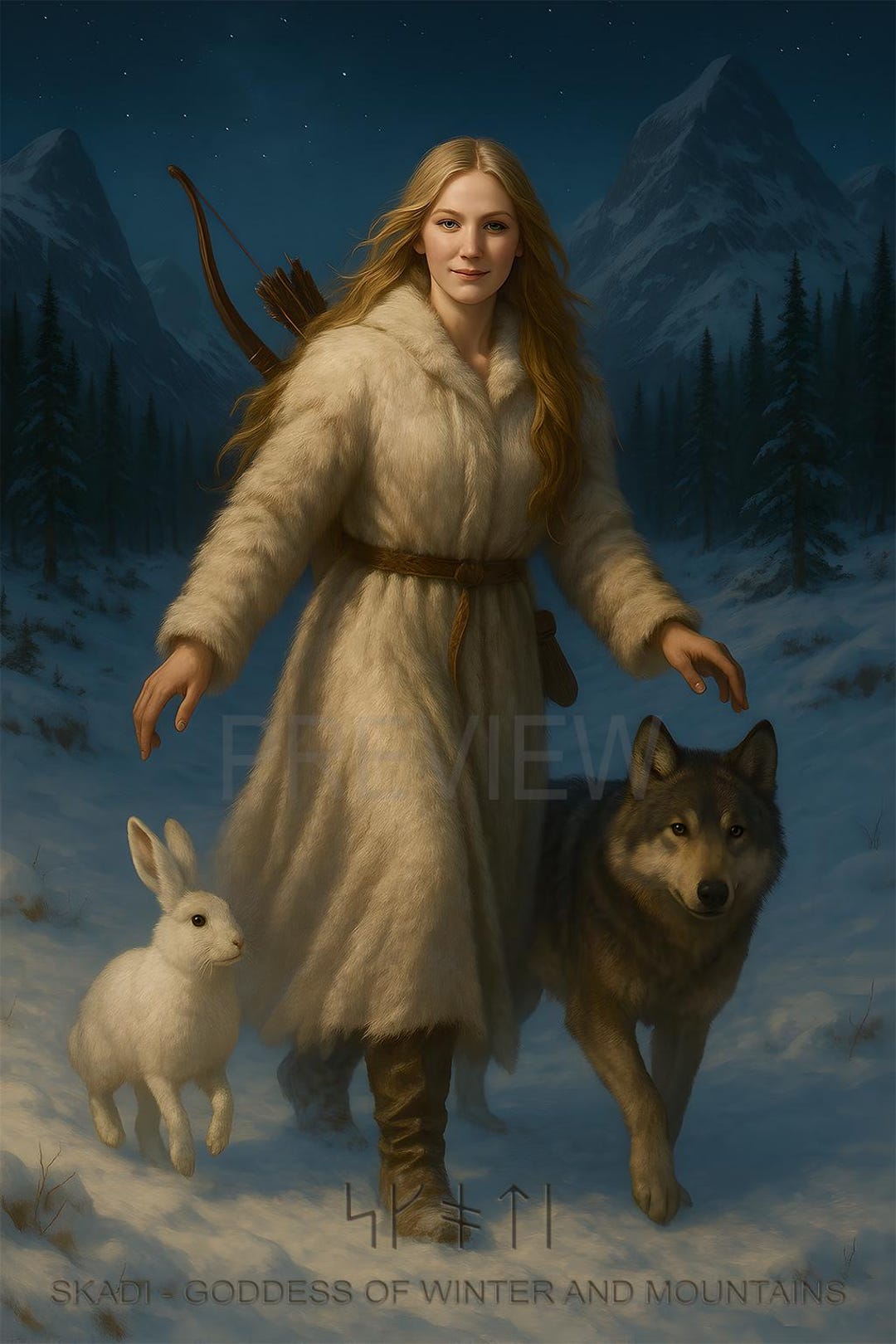 Skadi Norse Goddess Art Print: Winter Huntress, Wolf and Hare (digital ...