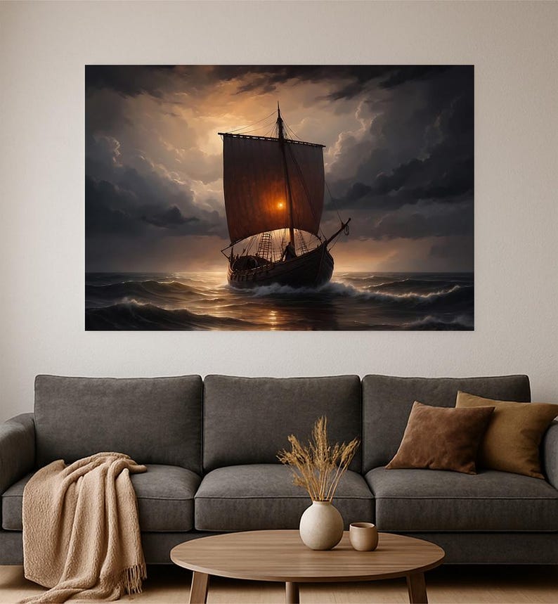 Viking Ship Art Print: Norse Raid, Dramatic Ocean Scene (digital ...