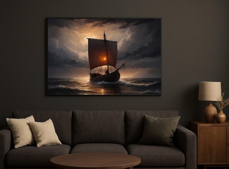 Viking Ship Art Print: Norse Raid, Dramatic Ocean Scene (digital ...