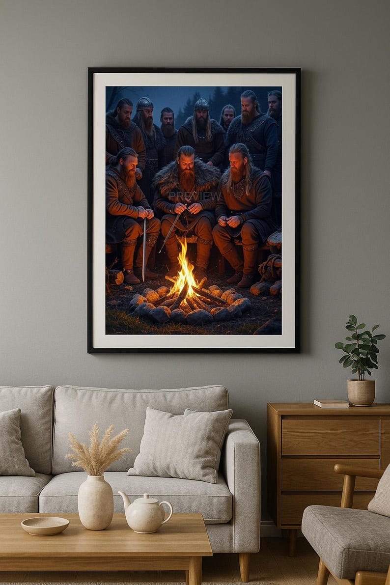 Viking Memorial Art Print: Norse Warriors by the Fire, Honoring a ...