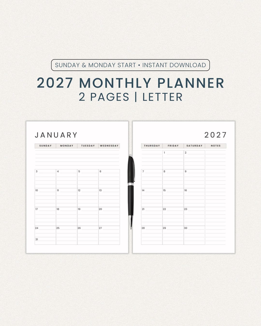 2027 Monthly Planner | 2 Pages Letter Size Printable PDF - Etsy