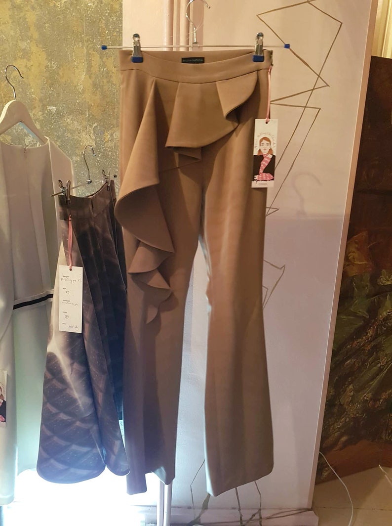 FLARED PANTS With Asymmetric Design and Ruffles. Brown Ruffle Pants ...