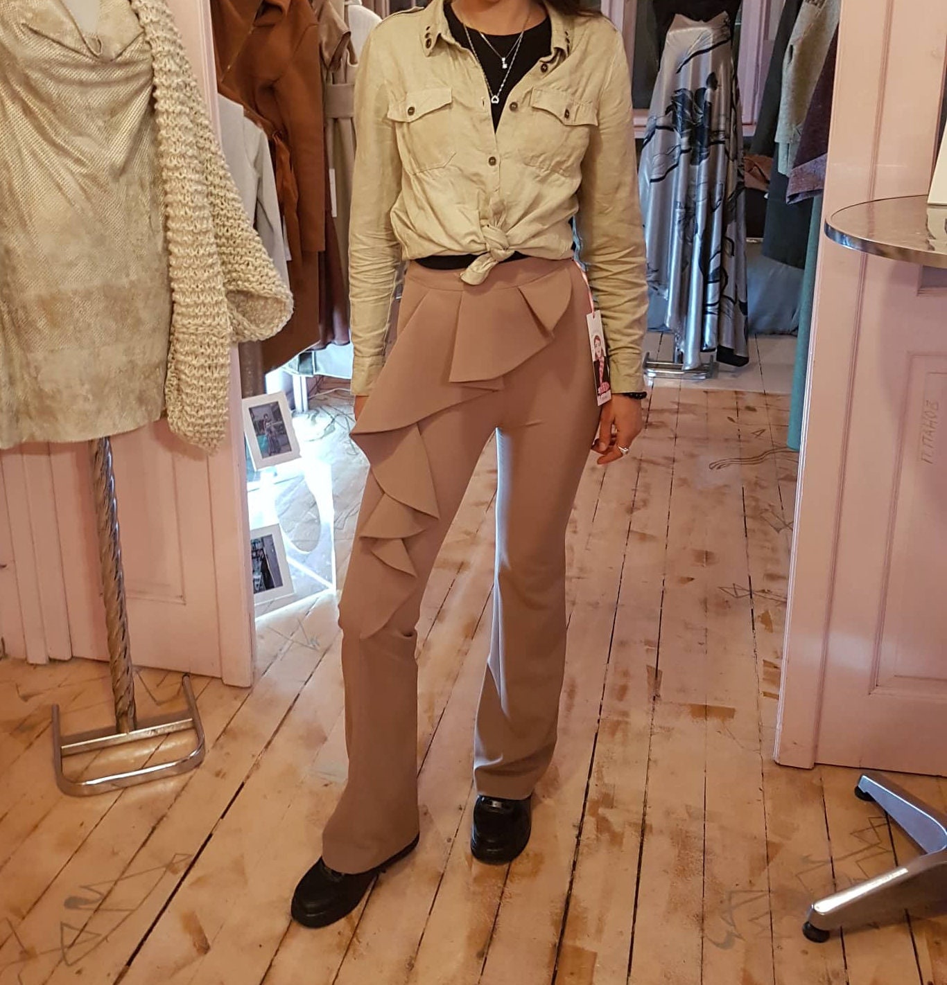 FLARED PANTS With Asymmetric Design and Ruffles. Brown Ruffle Pants ...