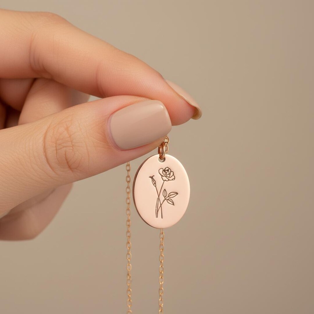 Personalized Birth Flower Disc Necklace, Month Initial Charm Necklace ...