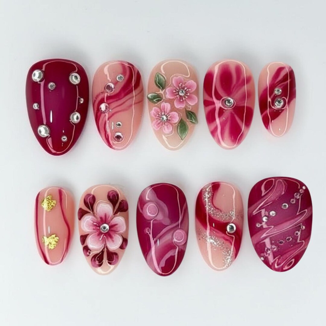 Magenta Floral Press on Nails | 3D Berry Pink Marble Swirl Water Drop ...