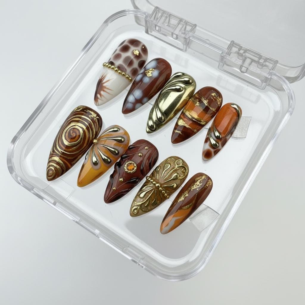 Luxury Brown Tortoise Press on Nails | 3D Gold Chrome Swirl Art ...