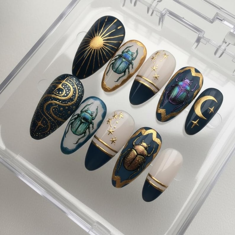 Handmade Scarab Beetle Press on Nails: Custom Gel Faux Acrylic ...