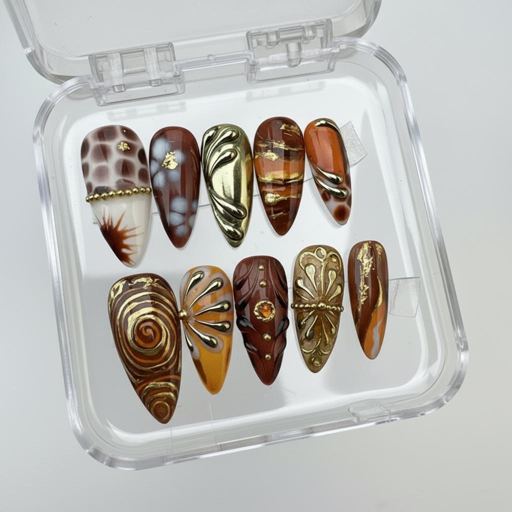 Luxury Brown Tortoise Press on Nails | 3D Gold Chrome Swirl Art ...