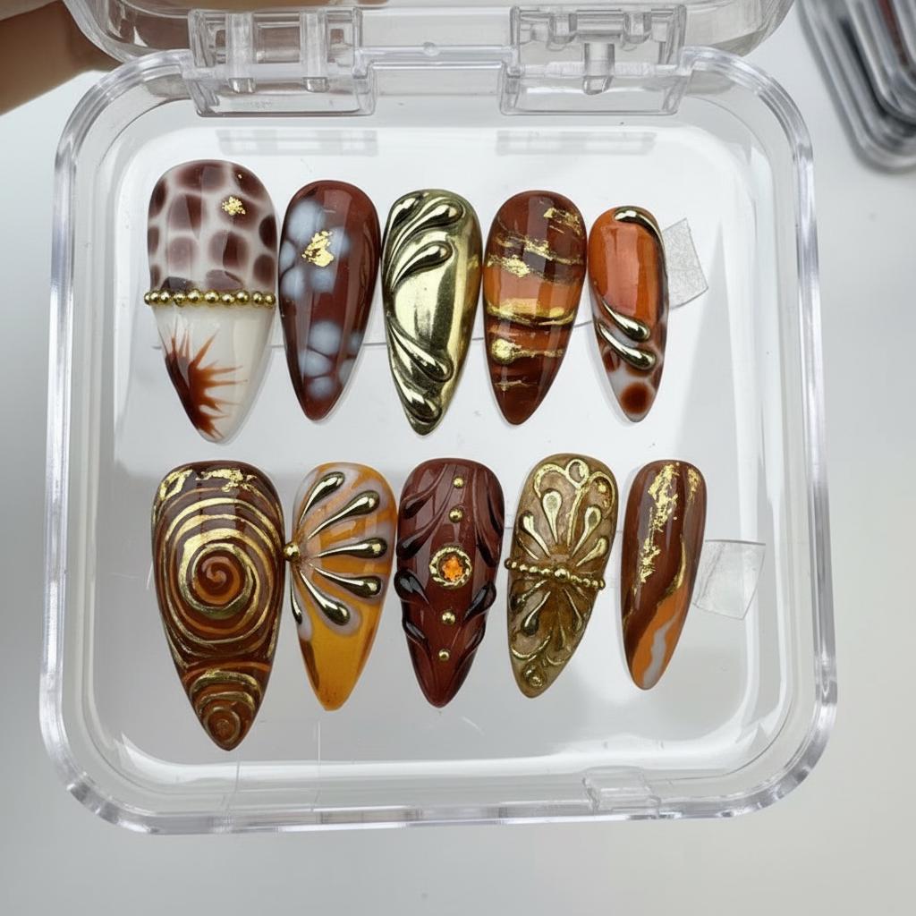 Luxury Brown Tortoise Press on Nails | 3D Gold Chrome Swirl Art ...