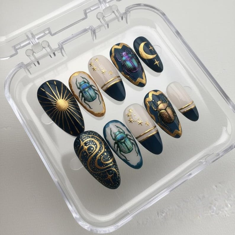 Handmade Scarab Beetle Press on Nails: Custom Gel Faux Acrylic ...