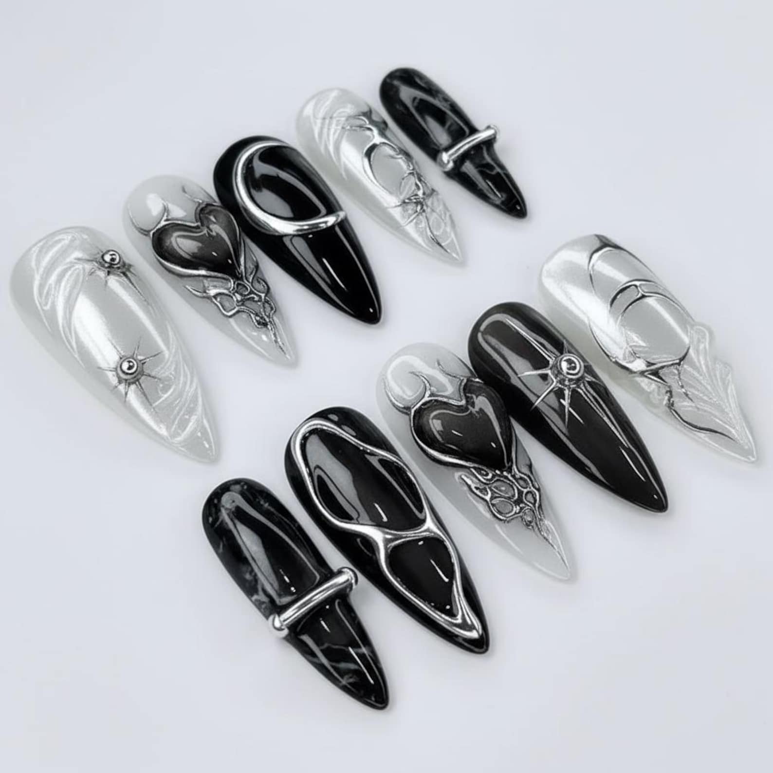 Gothic Chrome Press on Nails | Black Silver 3D Heart & Moon Art ...