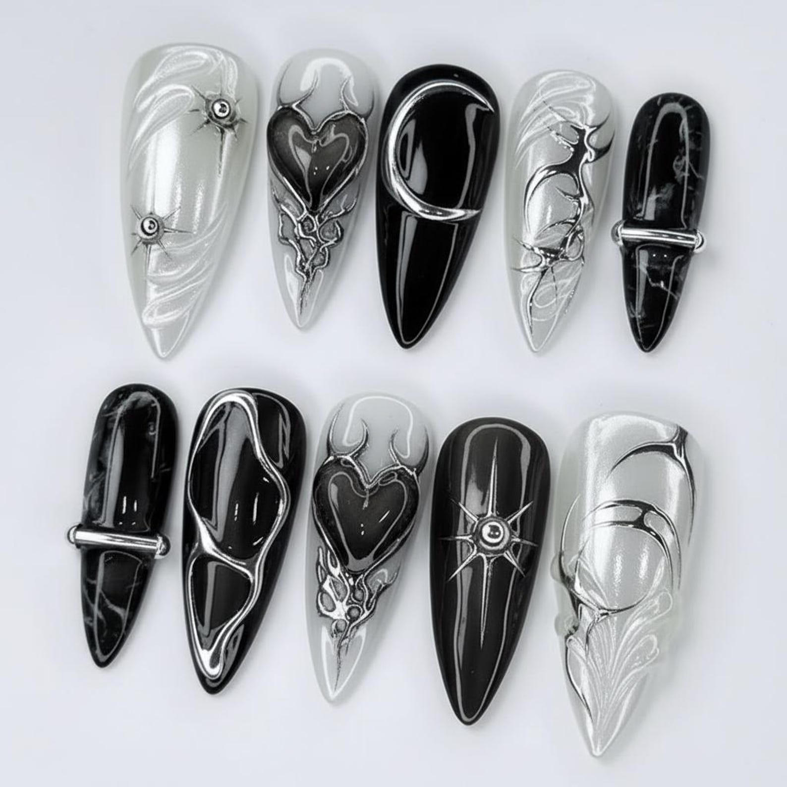 Gothic Chrome Press on Nails | Black Silver 3D Heart & Moon Art ...