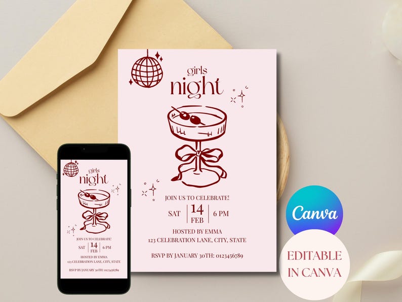 Girls Night Party Invitation, Ladies Night Out Invite, Editable Canva ...
