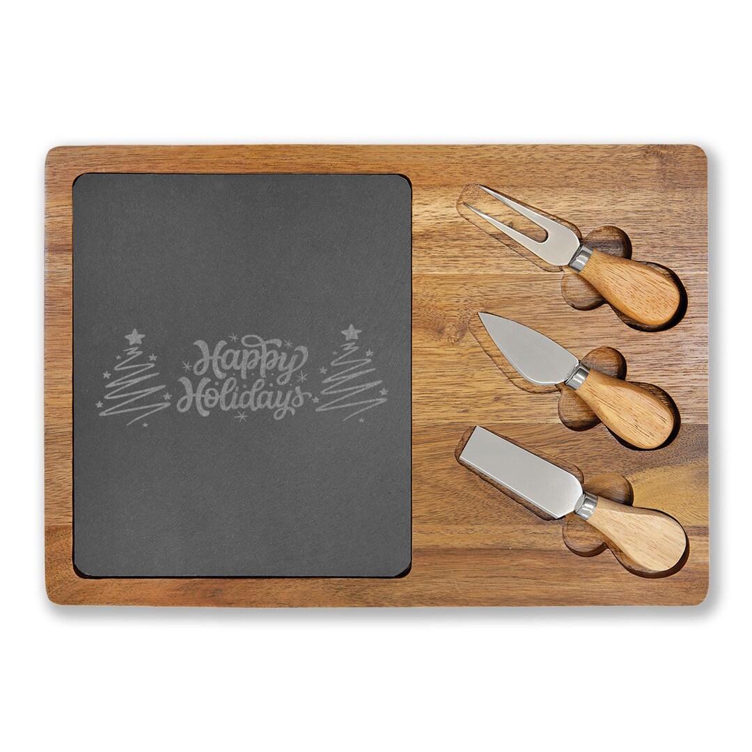 Happy Holidays Engraved Acacia and Slate Charcuterie Board, Whimsical ...