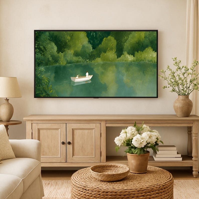 Lake Forest Frame TV Art | Green Nature Wall Decor With Boat ...