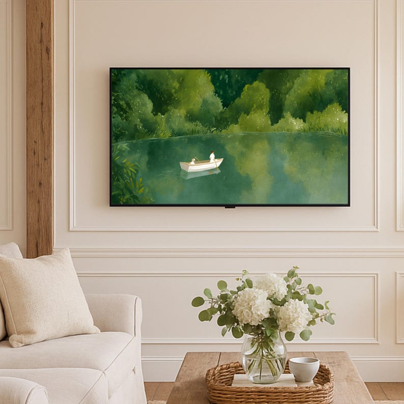 Lake Forest Frame TV Art | Green Nature Wall Decor With Boat ...