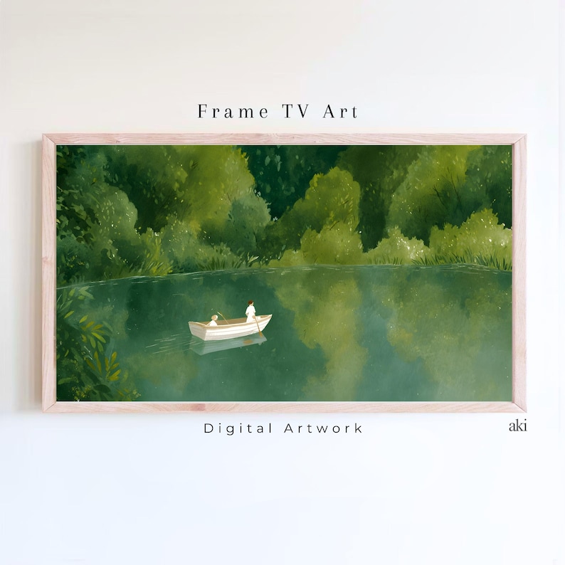 Lake Forest Frame TV Art | Green Nature Wall Decor With Boat ...
