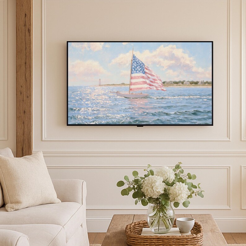 Coastal Americana Frame TV Art | Patriotic Sailboat Ocean Landscape ...