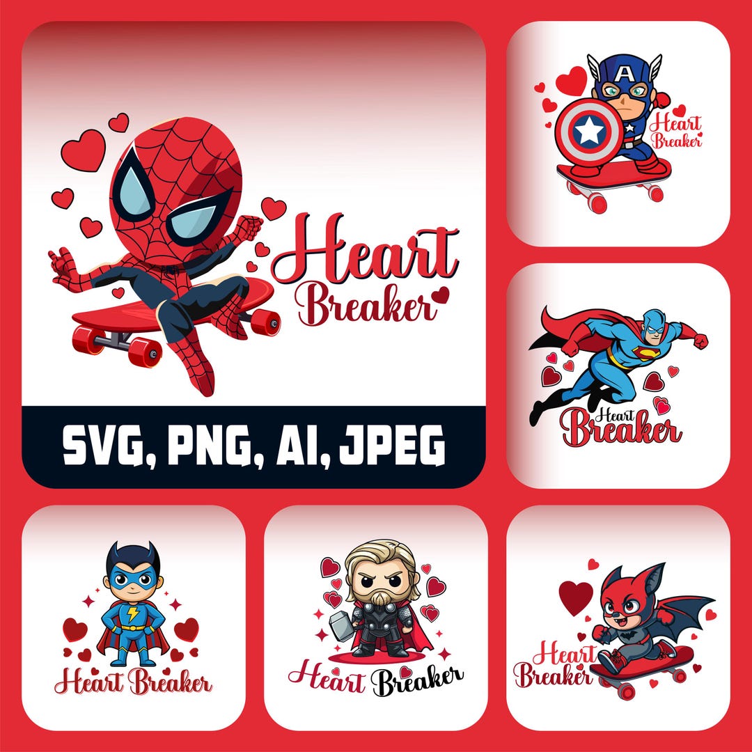 Valentine Superhero Svg Png Bundle | Cartoon Hero Love Graphics | Kids ...