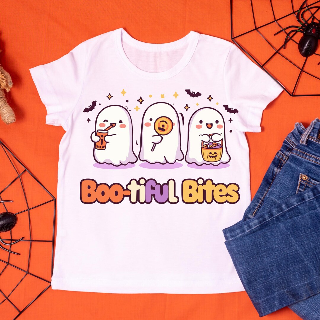 Boo-tiful Bites Halloween Ghost PNG SVG | Cute Kawaii Ghosts Drinking ...
