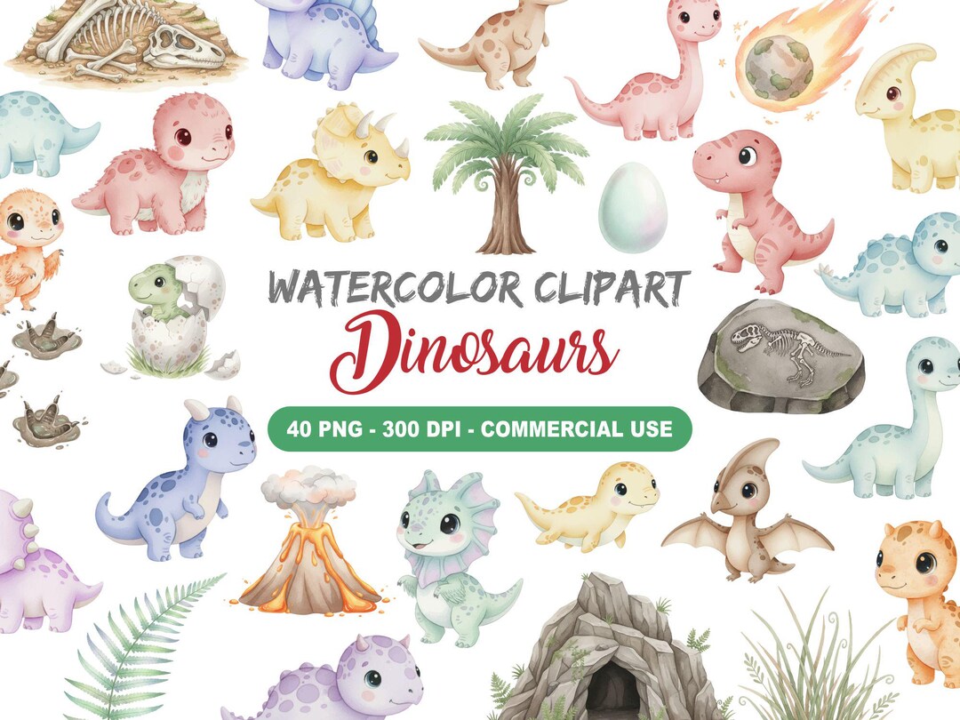 Cute Watercolor Dinosaurs Clipart Bundle, Baby Dino PNG Set ...
