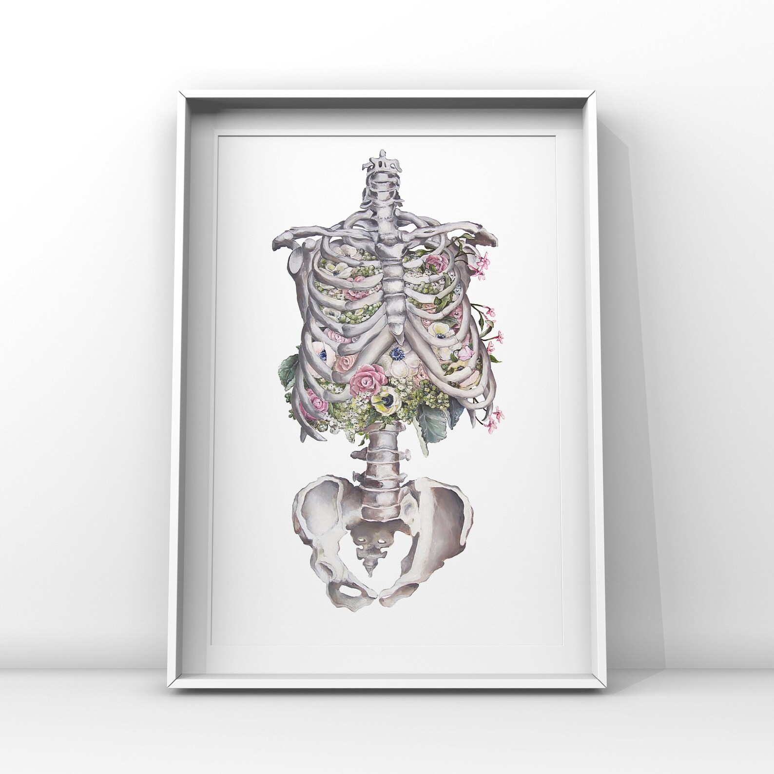 Floral Skeleton White Background Print of Oil Painting - Etsy