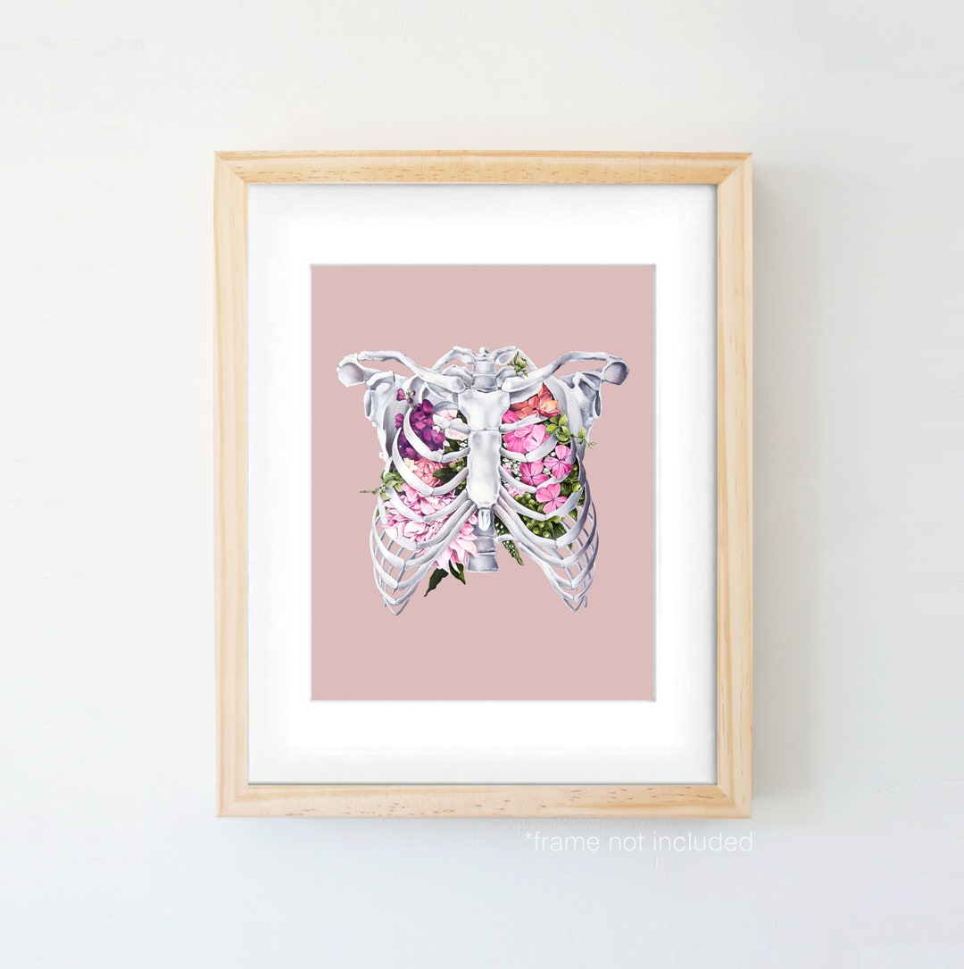 Floral Ribcage Pink Background Print of Oil Painting - Anatomical Art ...