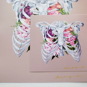 Floral Ribcage Pink Background Print of Oil Painting - Anatomical Art ...