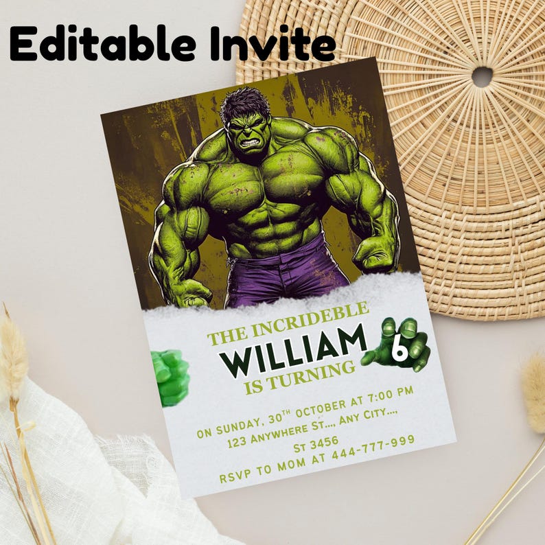 Editable Hulk Birthday Invitation Template Canva Template Digital Hulk ...