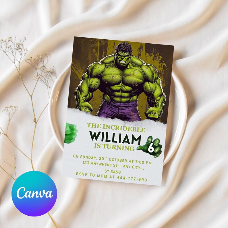 Editable Hulk Birthday Invitation Template Canva Template Digital Hulk ...