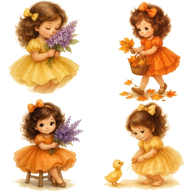Cute Girl Clipart Bundle | 20 Cartoon Girl PNG | Watercolor Vintage ...